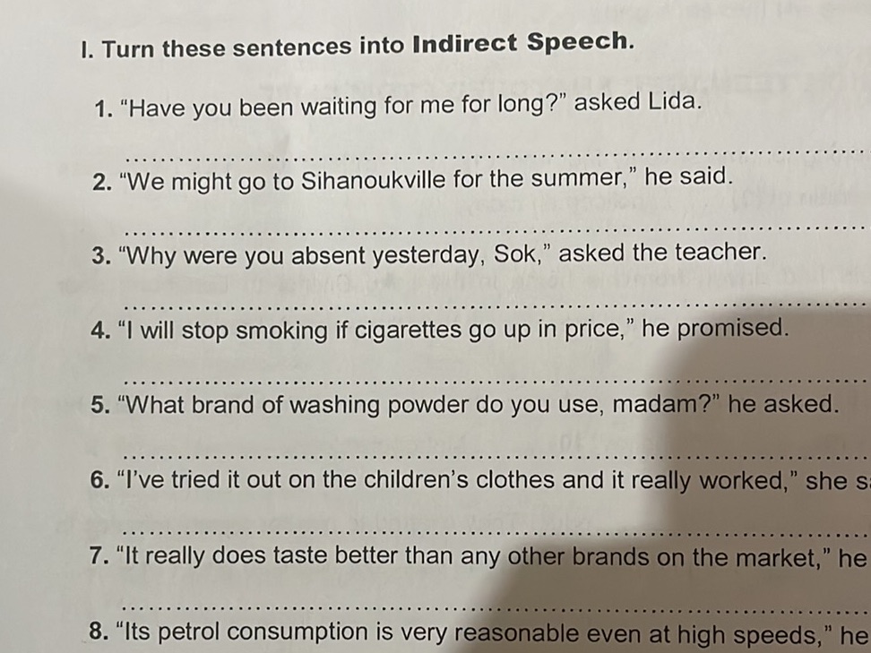 I. Turn these sentences into Indirect | StudyX