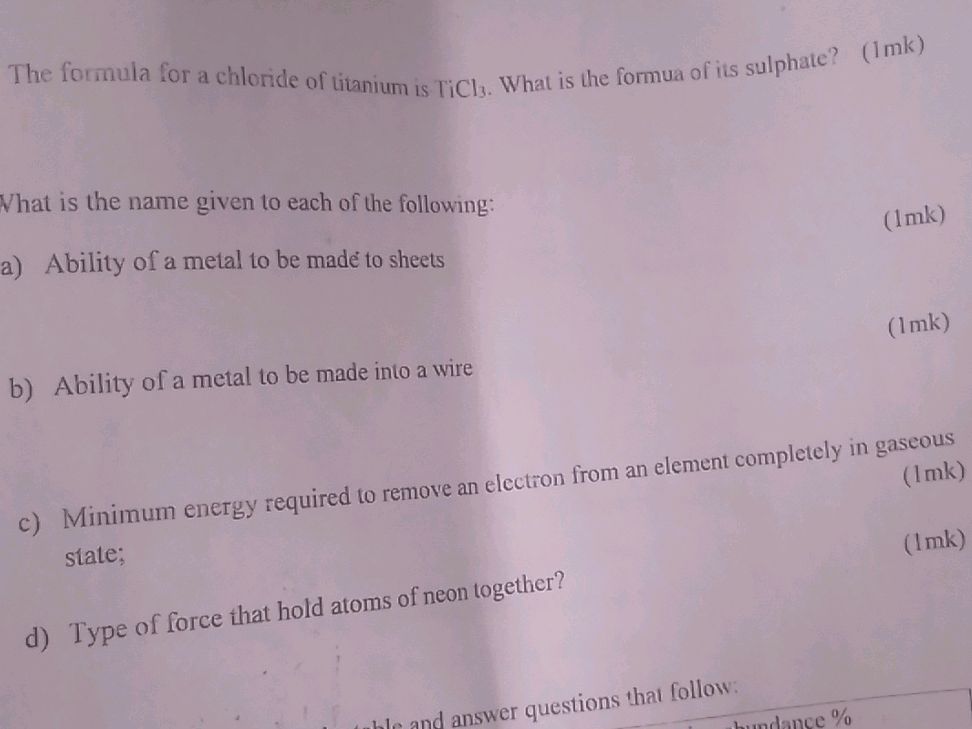 The formula for a chloride of titanium is | StudyX