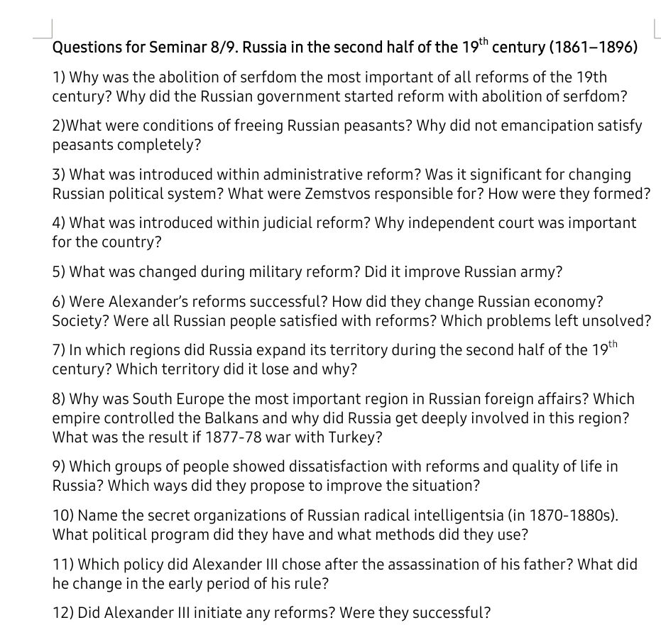 Questions for Seminar 8/9. Russia in the | StudyX