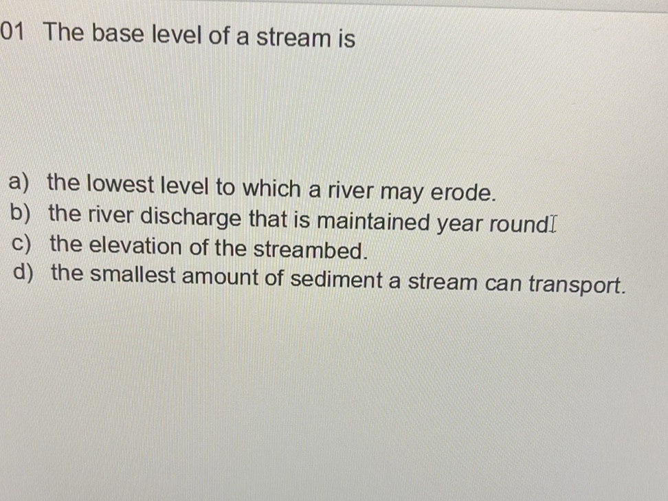 01 The base level of a stream is a) the | StudyX