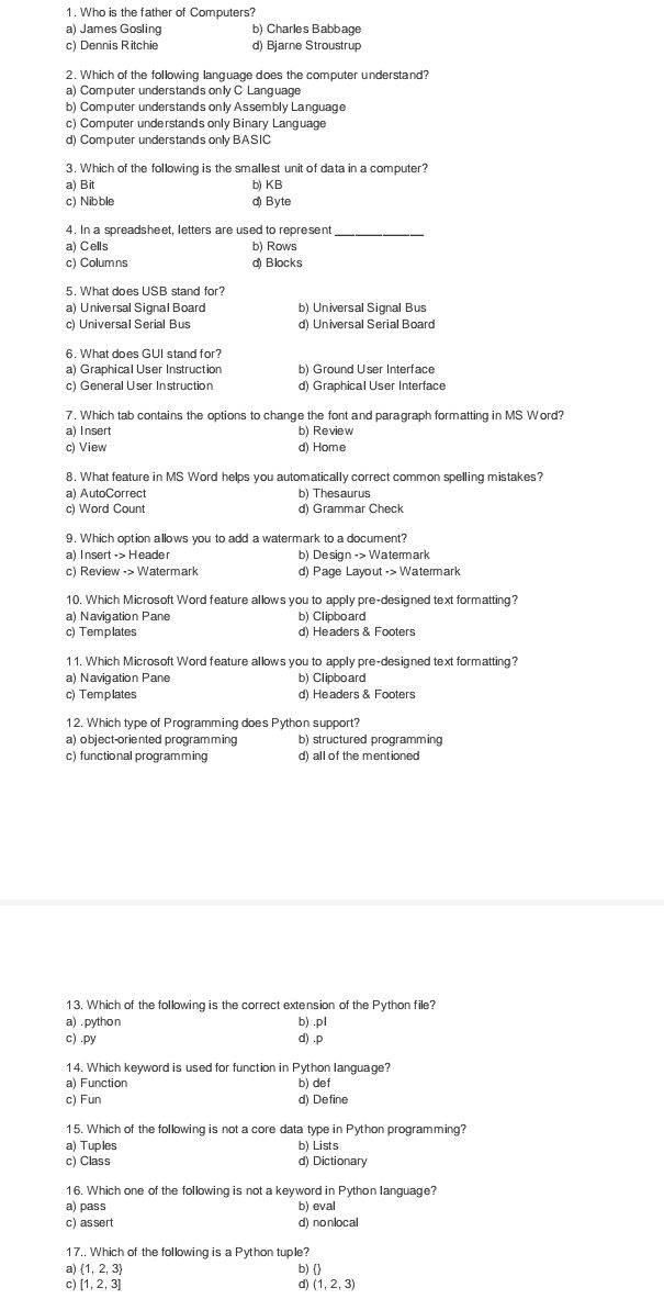 1. Who is the father of Computers? a) James | StudyX