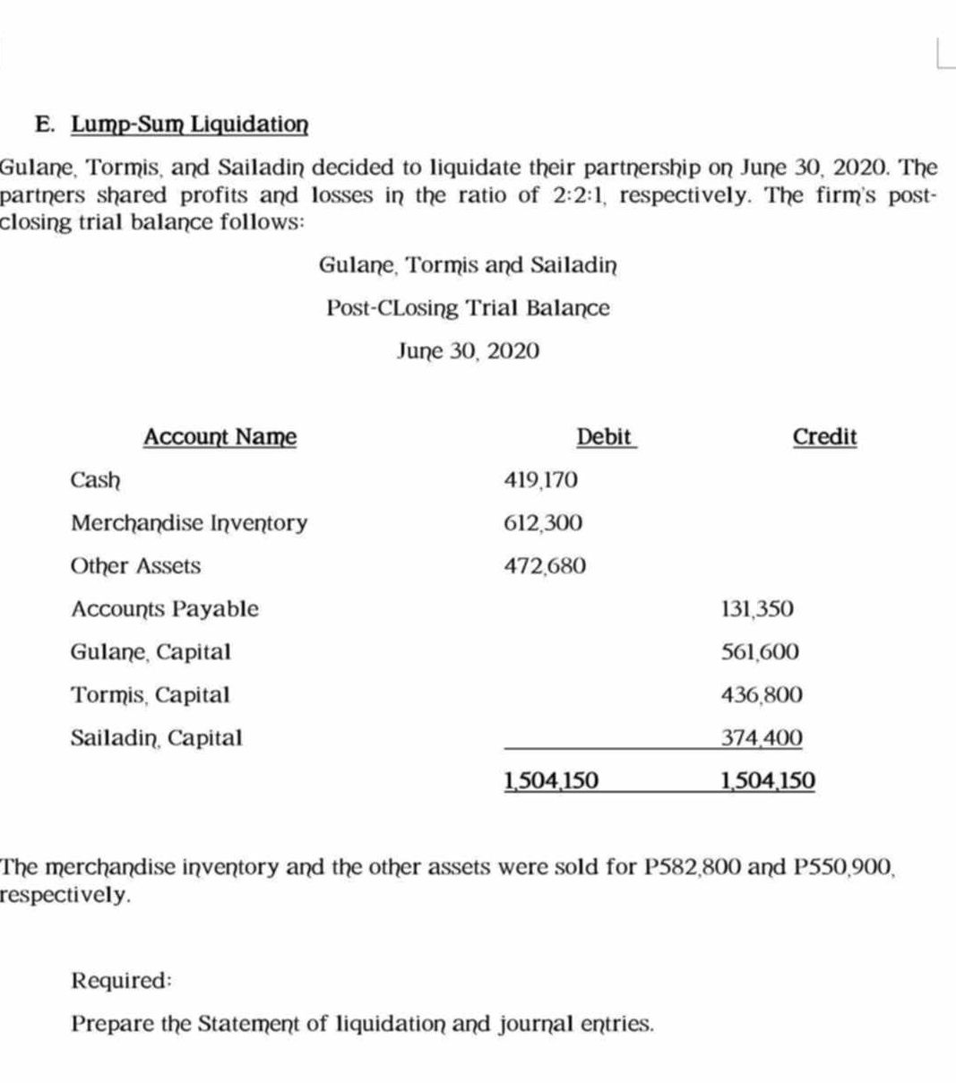 E. Lump-Sum Liquidation Gulane, Tormis, and | StudyX