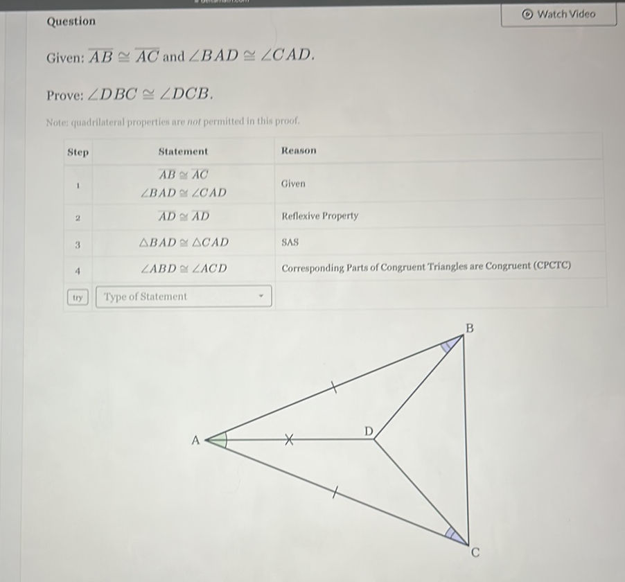 Given: $ {AB} {AC}$ and $ BAD CAD$. | StudyX
