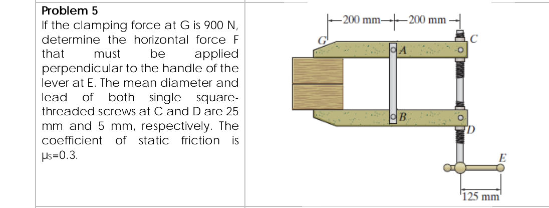 Problem 5 If the clamping force at G is 900 | StudyX