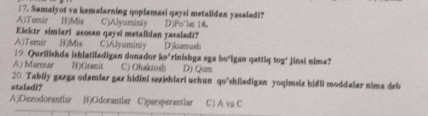 17. Samalyot va kemalarning qoplamasi qaysi | StudyX