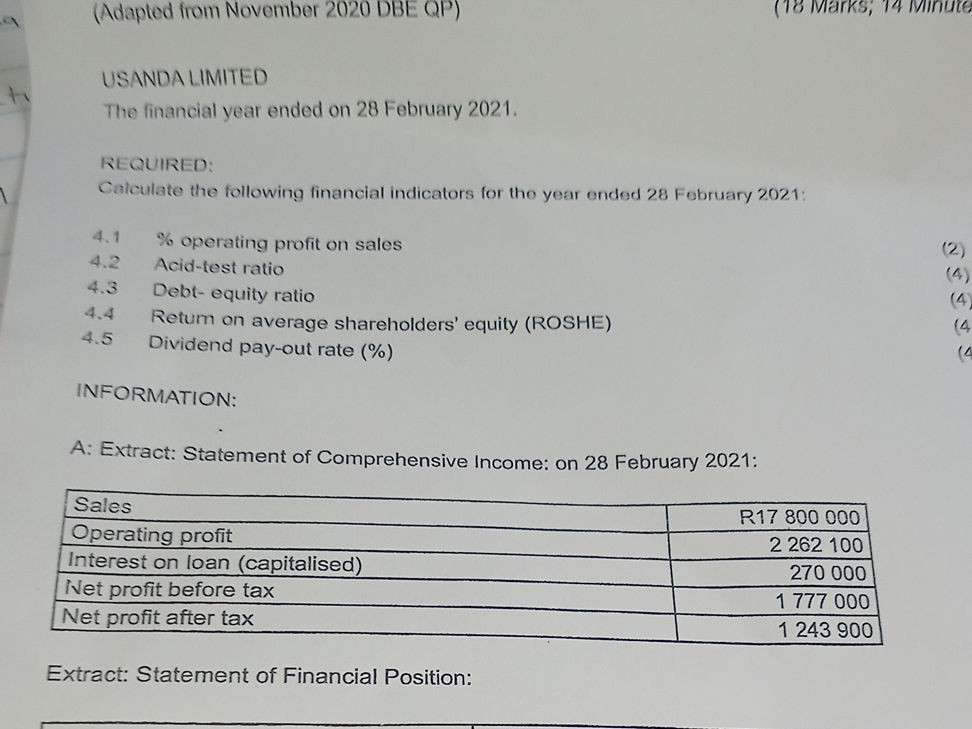 Calculate the following financial indicators | StudyX