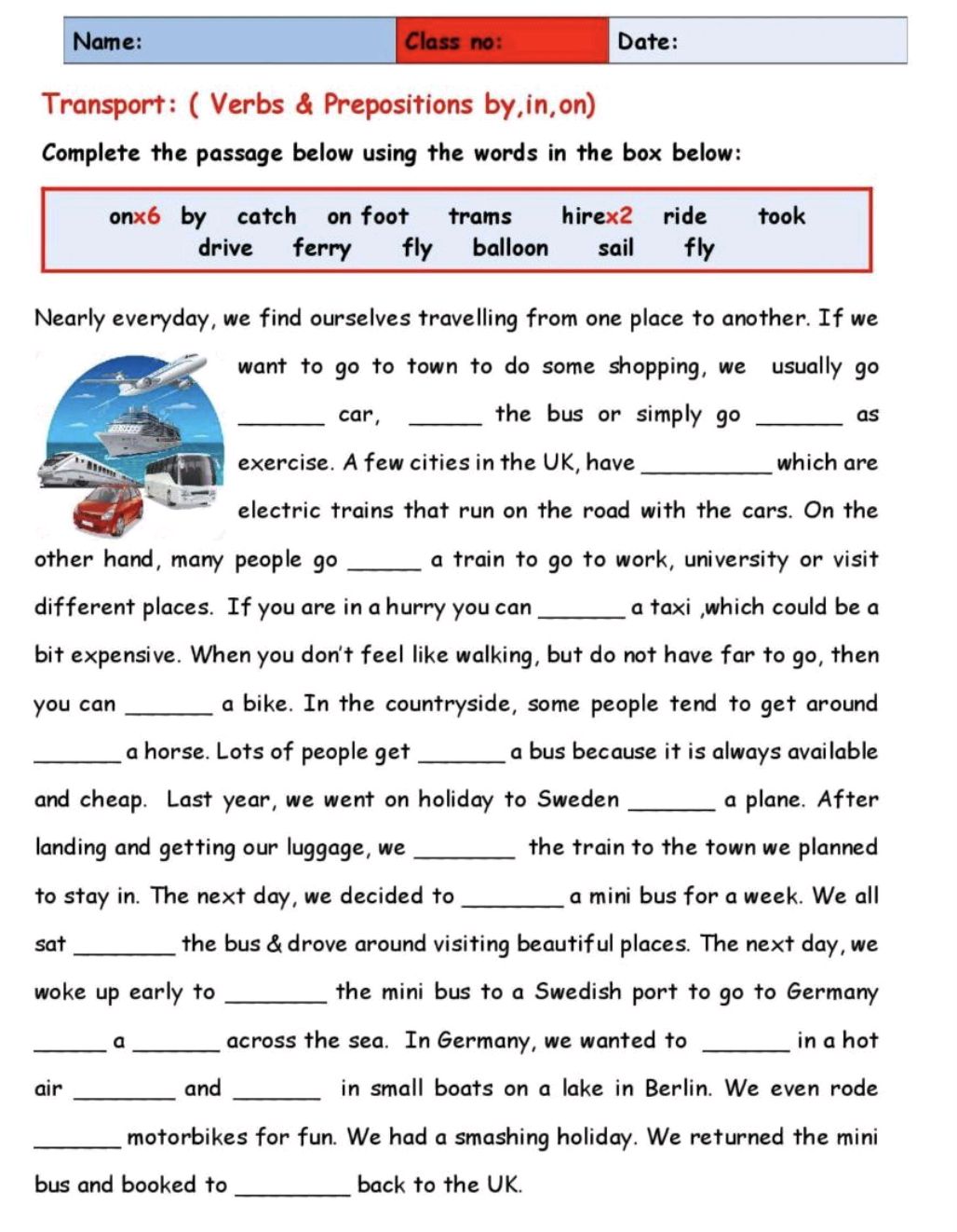 Transport: (Verbs Prepositions by, in, on) | StudyX