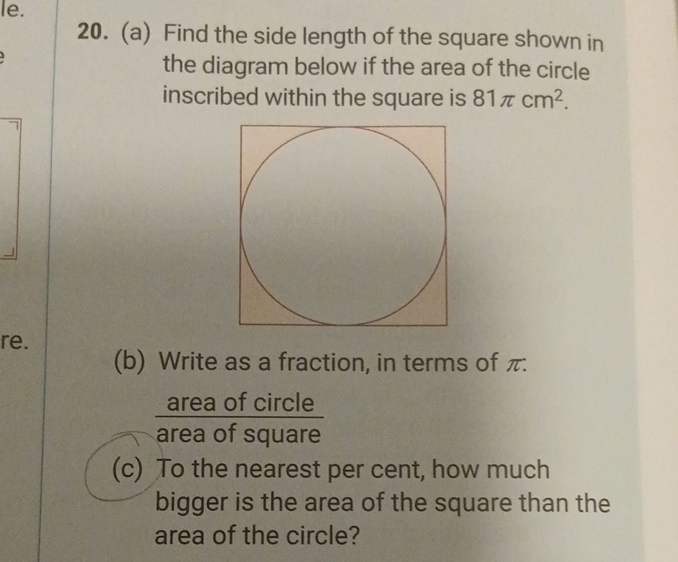 20. (a) Find the side length of the square | StudyX