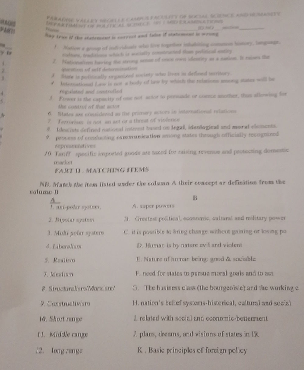 PART II. MATCHING ITEMS NB. Match the item | StudyX