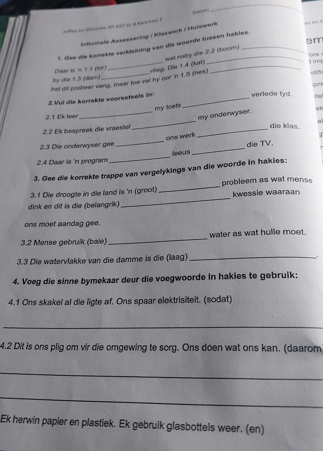 Gee die korrekte verkleining van die woorde
