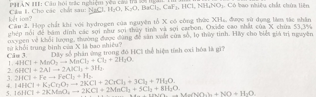 Câu 1. Cho các chất sau: NaCl, H2O, K2O, | StudyX