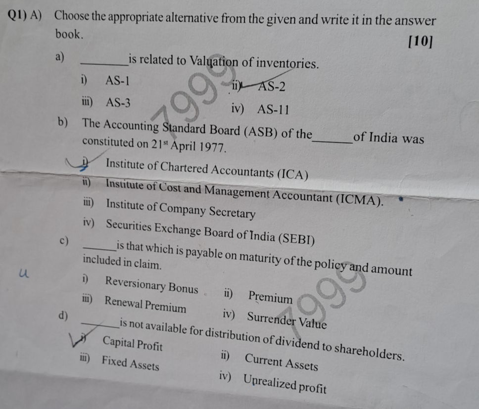 Q1) A) Choose the appropriate alternative | StudyX