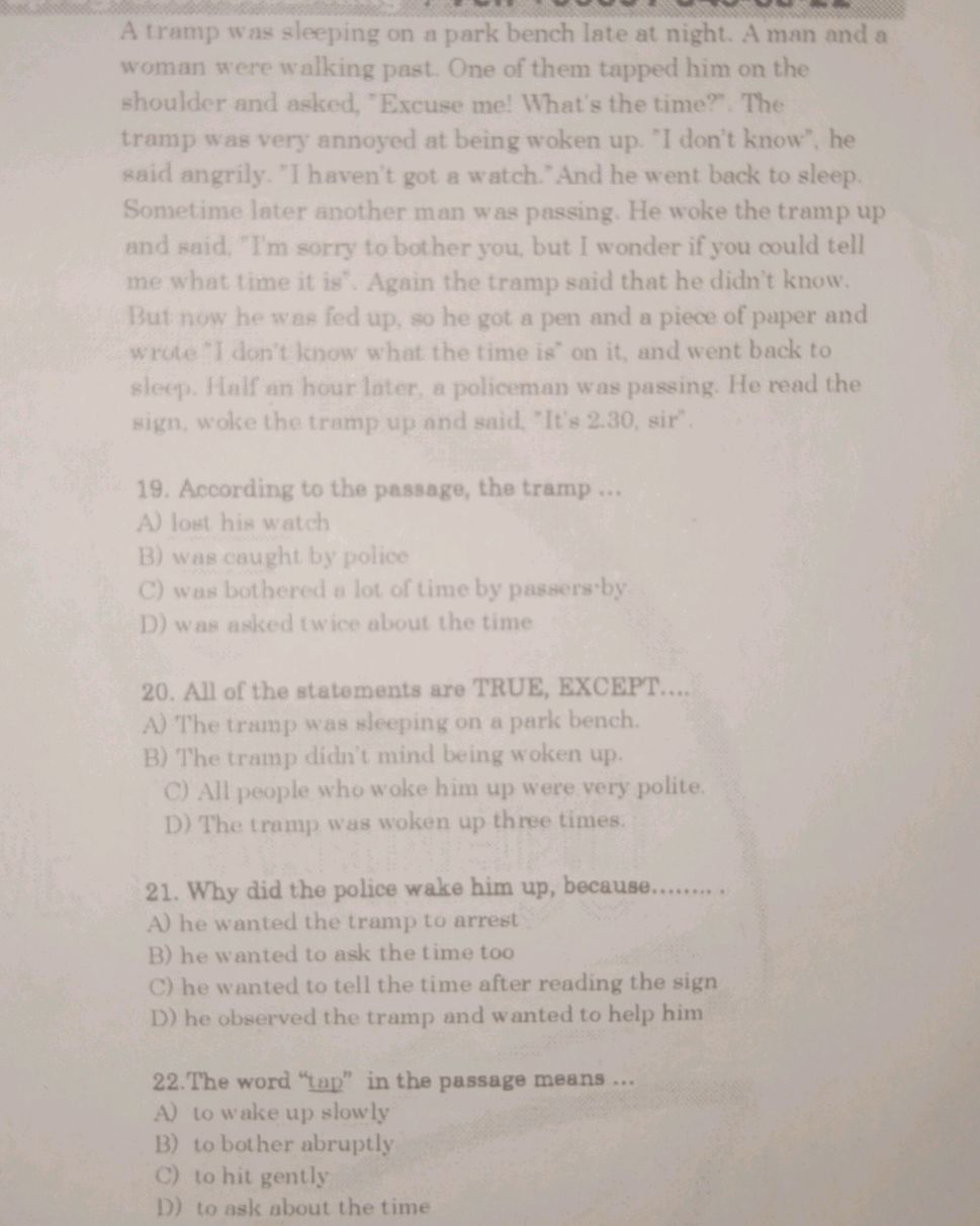 19. According to the passage, the tramp ... | StudyX