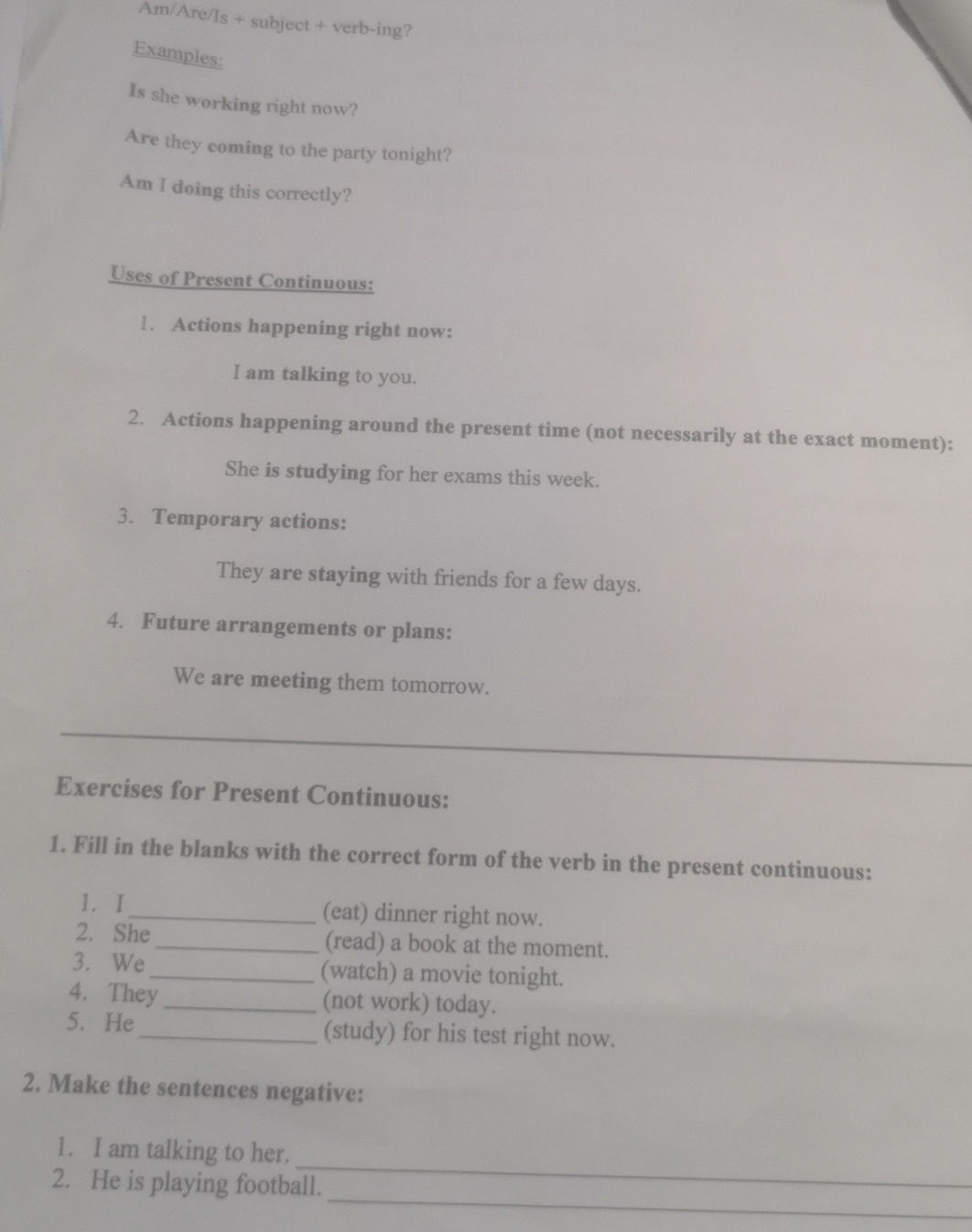 Exercises for Present Continuous: 1. Fill | StudyX