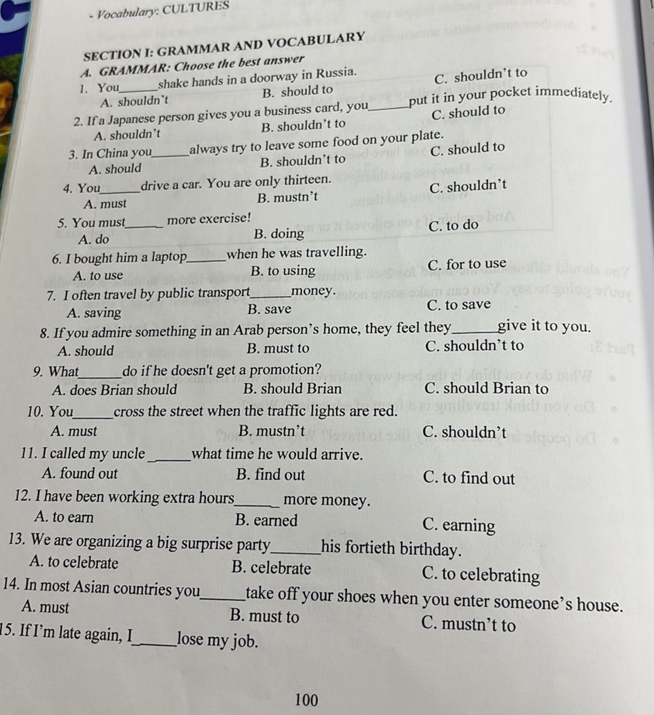 SECTION I: GRAMMAR AND VOCABULARY A. | StudyX