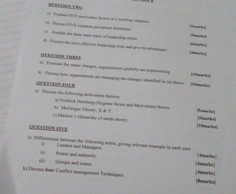 QUESTION TWO a) Explain FIVE motivation | StudyX