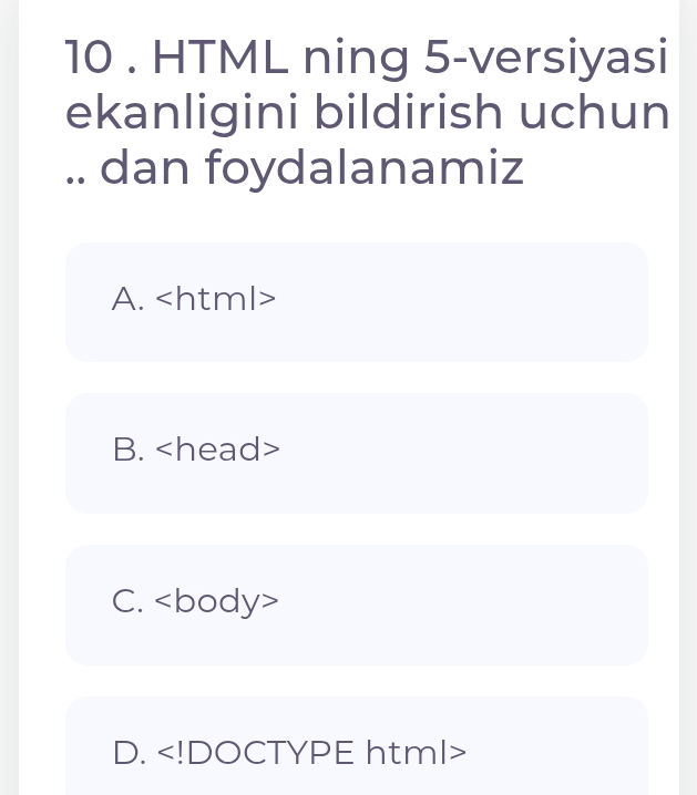 10. HTML ning 5-versiyasi ekanligini | StudyX