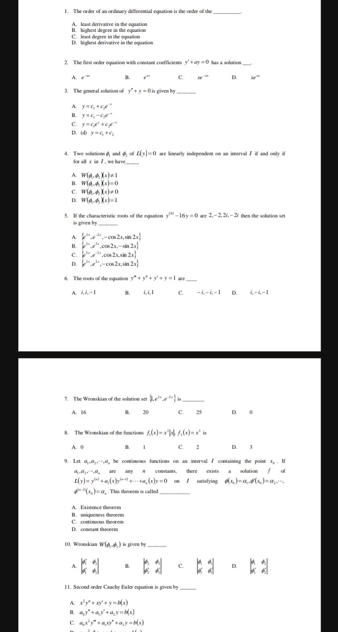 1. The order of an ordinary differential | StudyX