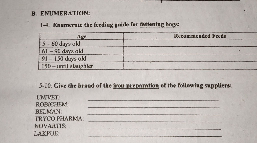 B. ENUMERATION: 1-4. Enumerate the feeding | StudyX
