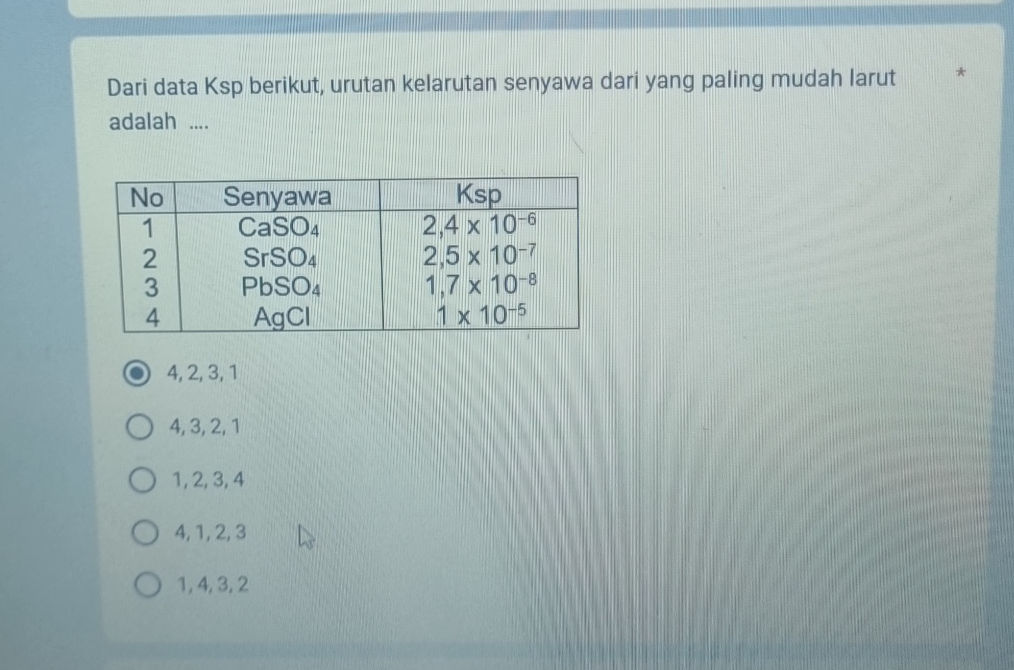 Dari data Ksp berikut, urutan kelarutan | StudyX