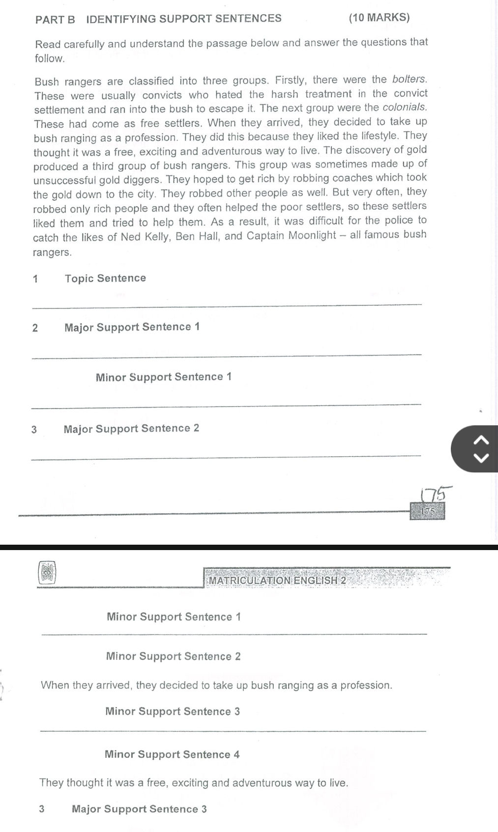 PART B IDENTIFYING SUPPORT SENTENCES (10 | StudyX