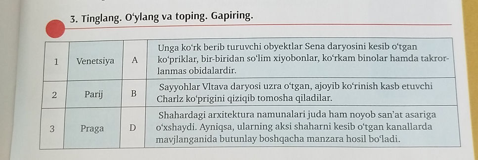 3. Tinglang. O'ylang va toping. Gapiring. | | StudyX