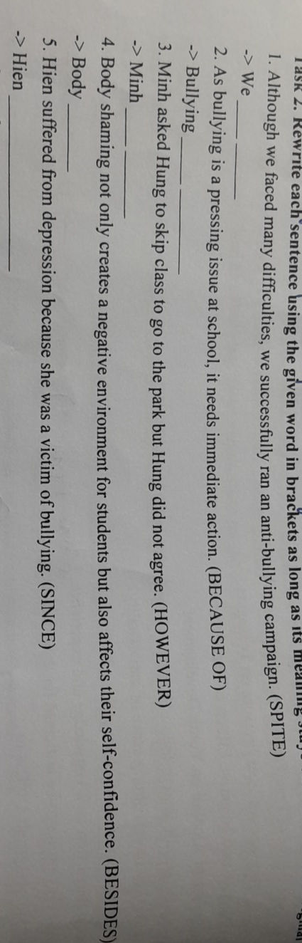 Task 2. Rewrite each sentence using the | StudyX