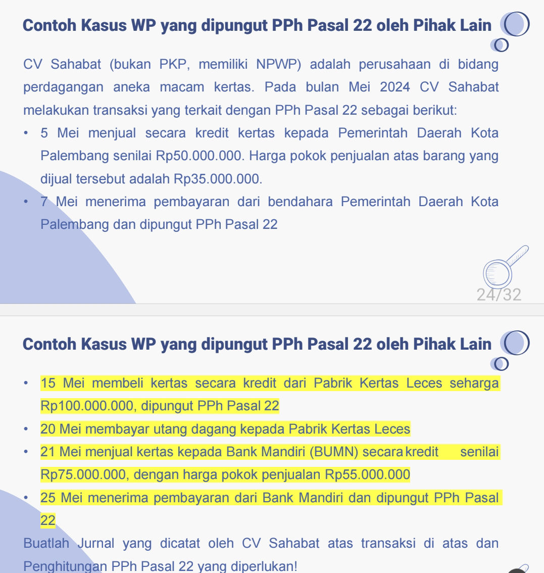 Contoh Kasus WP yang dipungut PPh Pasal 22 | StudyX