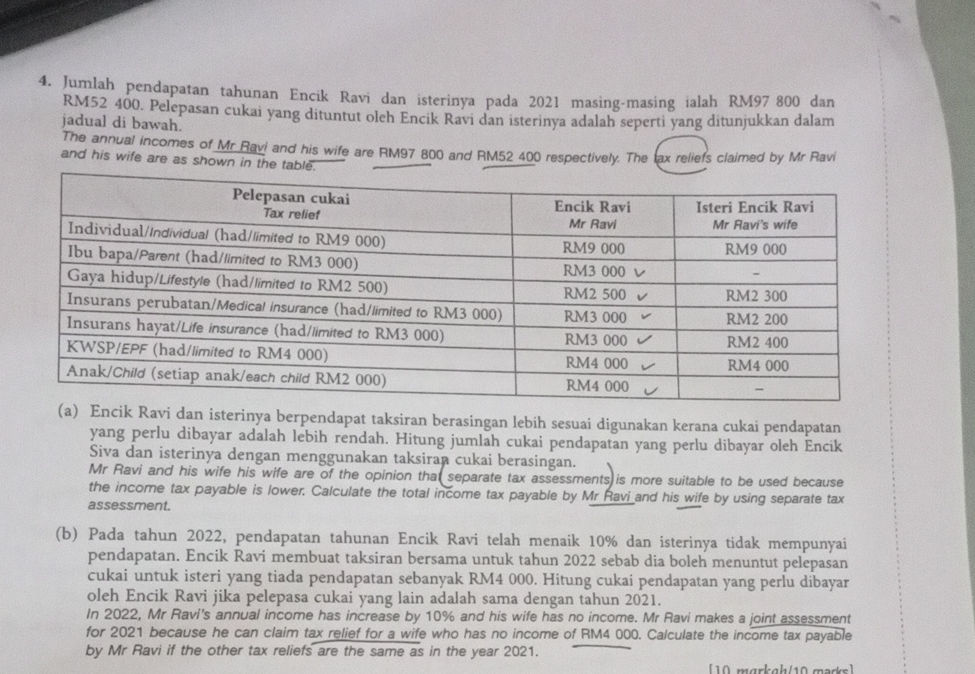 4. Jumlah pendapatan tahunan Encik Ravi dan | StudyX