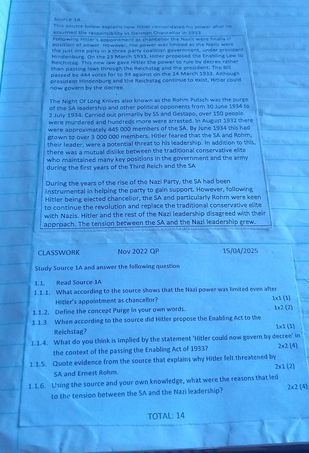 Study Source 1A and answer the following | StudyX