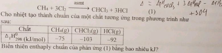 CH₄ + 3Cl₂ → CHCl₃ + 3HCl Cho nhiệt tạo | StudyX