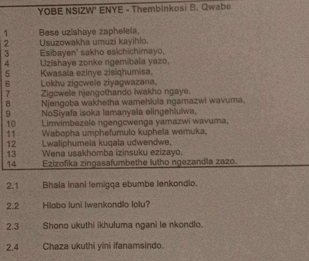 2.1 Bhala inani lemiqqa ebumbe lenkondlo. | StudyX