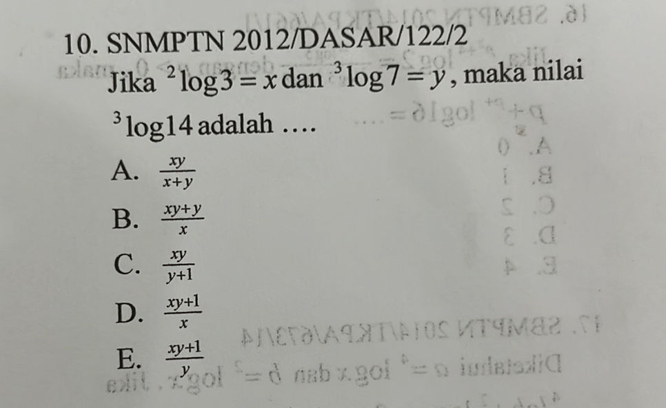 Jika $^{2}log3 = x$ dan $^{3}log7 = y$, maka | StudyX