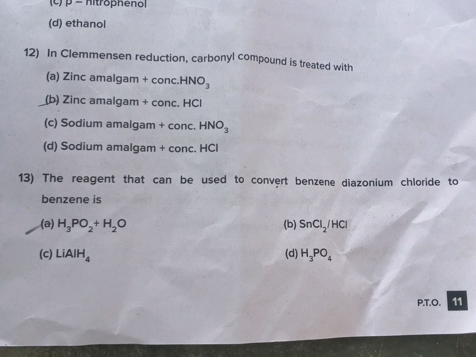12) In Clemmensen reduction, carbonyl | StudyX