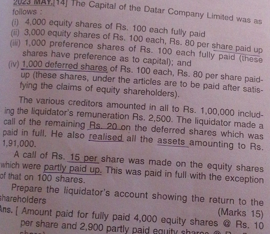 The Capital of the Datar Company Limited was | StudyX
