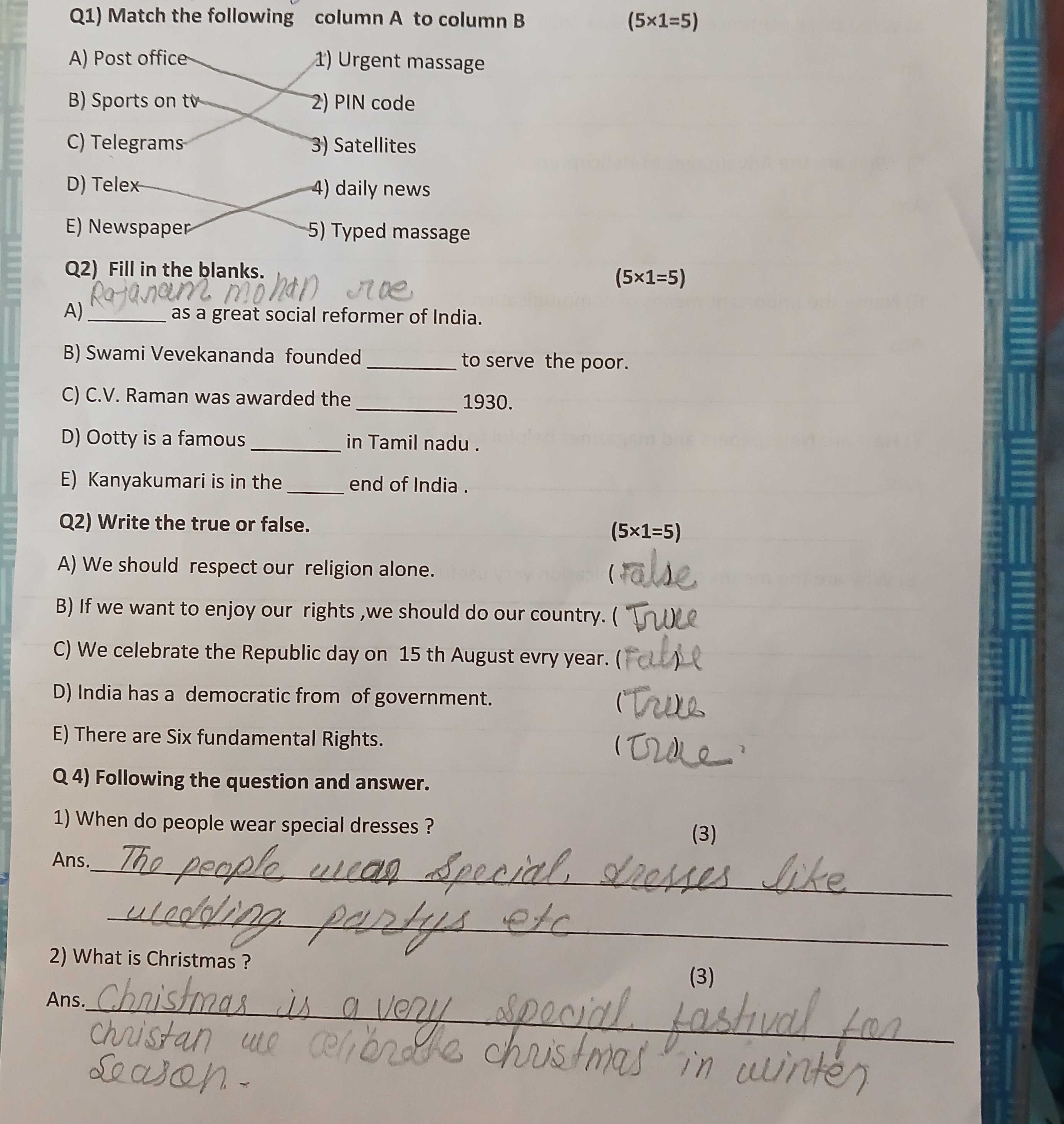 Q1) Match the following column A to column B | StudyX
