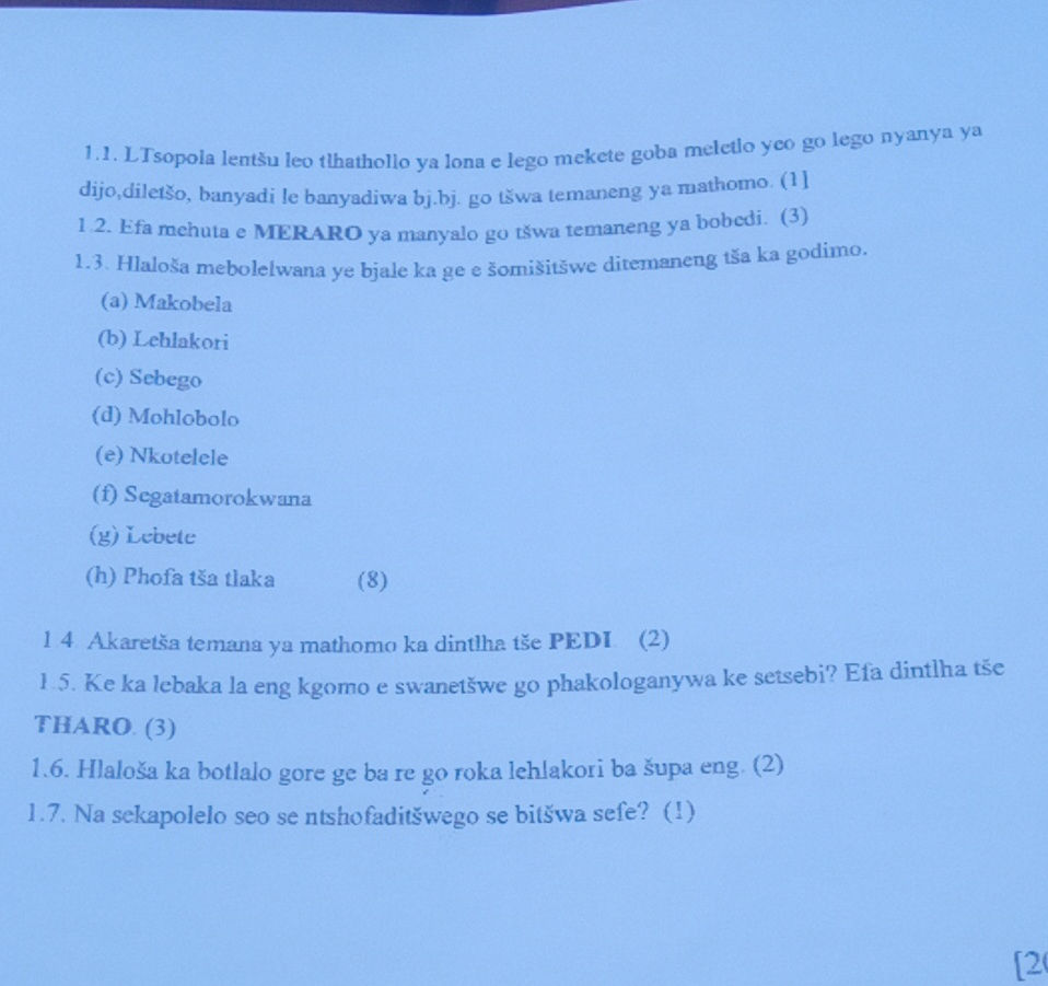 1.1. LTsopola lentšu leo tlhathollo ya lona | StudyX
