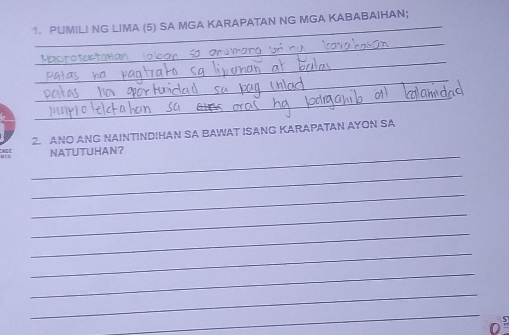 1. PUMILI NG LIMA (5) SA MGA KARAPATAN NG | StudyX