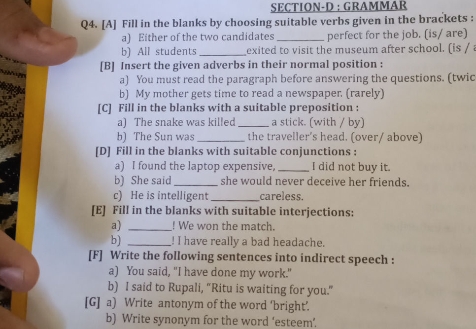 Q4. [A] Fill in the blanks by choosing | StudyX