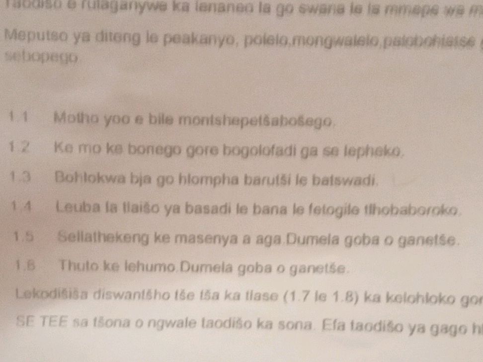 1.1 Motho yoo e bile montshepetsabosego. 1.2 | StudyX