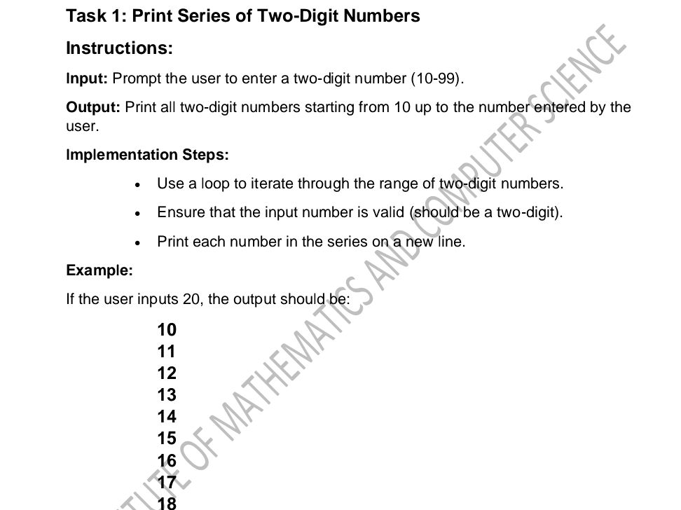 Task 1: Print Series of Two-Digit Numbers | StudyX