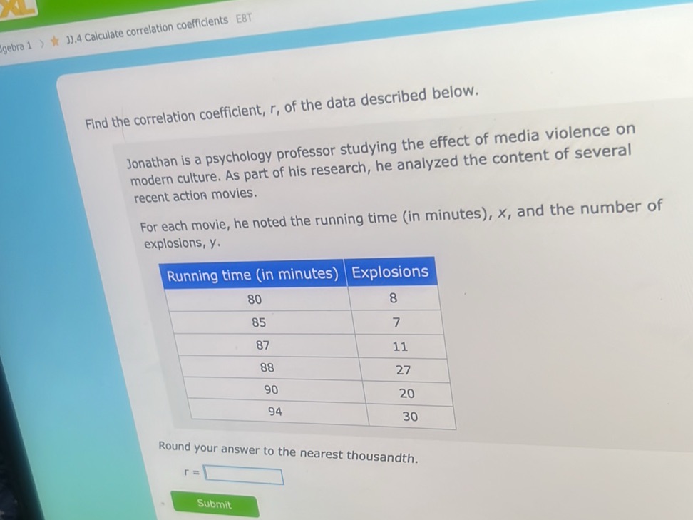 Find the correlation coefficient, r, of the | StudyX