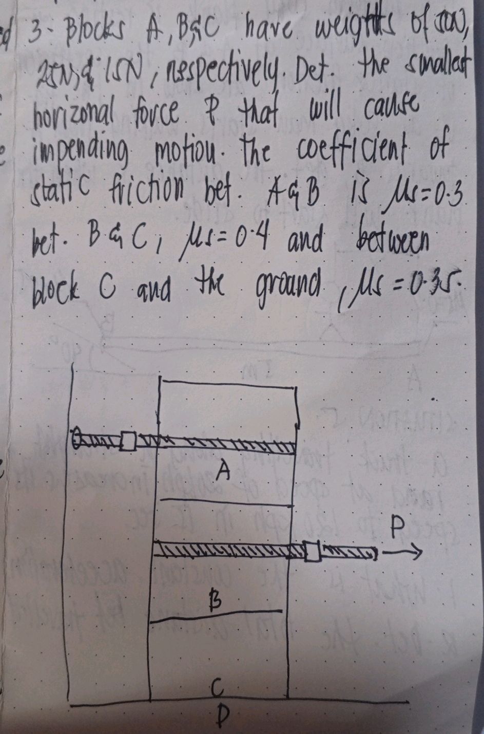 3. Blocks A, B, C have weights of 10N, 20N | StudyX