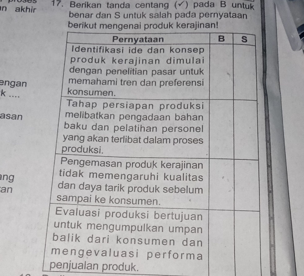 17. Berikan tanda centang ( ) pada B untuk | StudyX