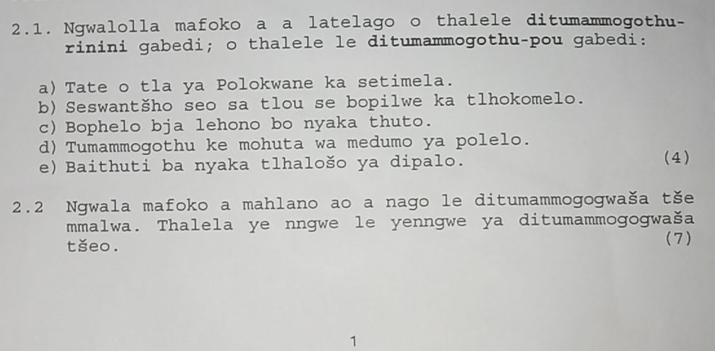 2.1. Ngwalolla mafoko a a latelago o thalele | StudyX