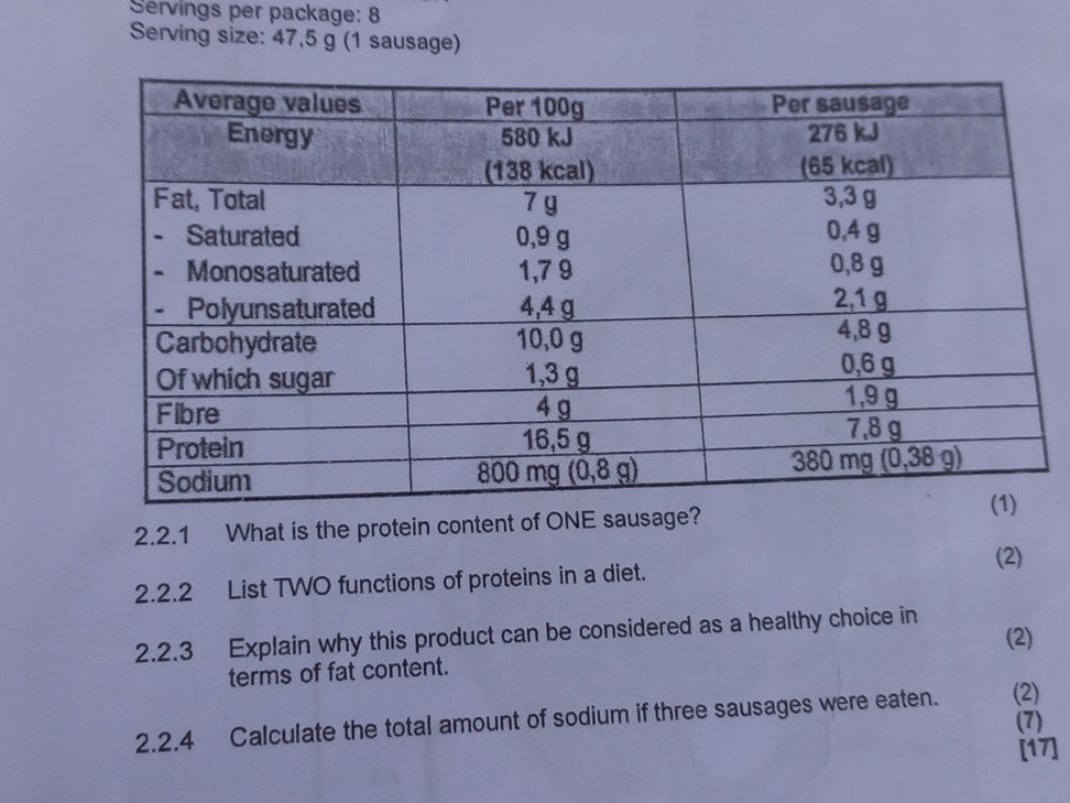 The following table shows the nutritional | StudyX