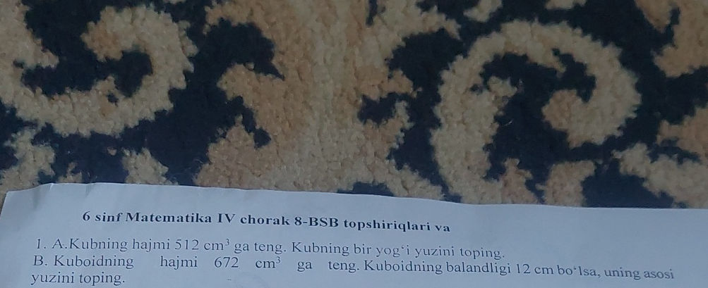 1. A. Kubning hajmi 512 $cm^3$ ga teng. | StudyX