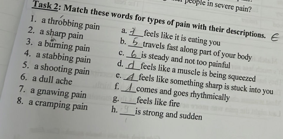 Task 2: Match these words for types of pain