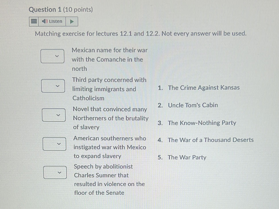 Matching exercise for lectures 12.1 and | StudyX