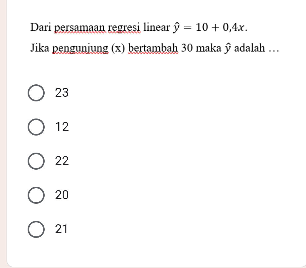 Dari persamaan regresi linear $ {y} = 10 + | StudyX